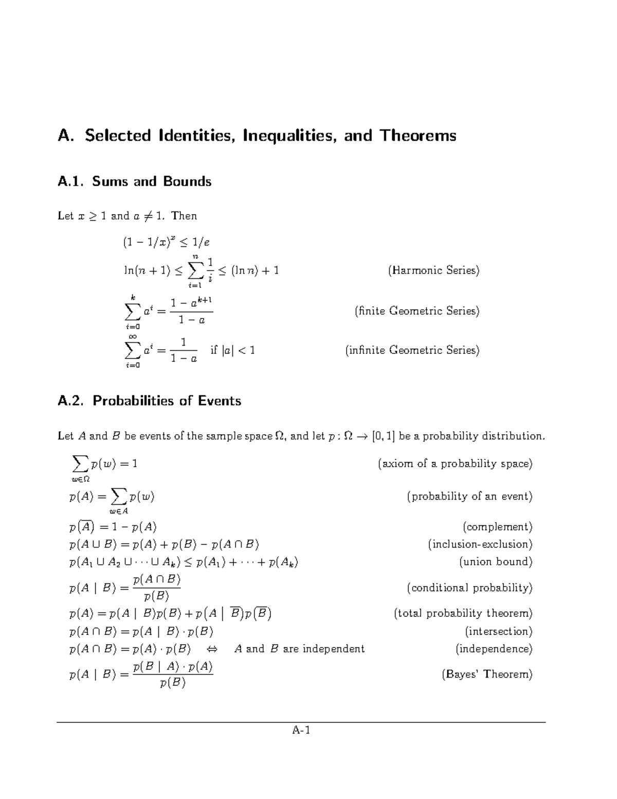 A. Selected Identities, Inequalities, and Theorems Formula Sheet - Studocu