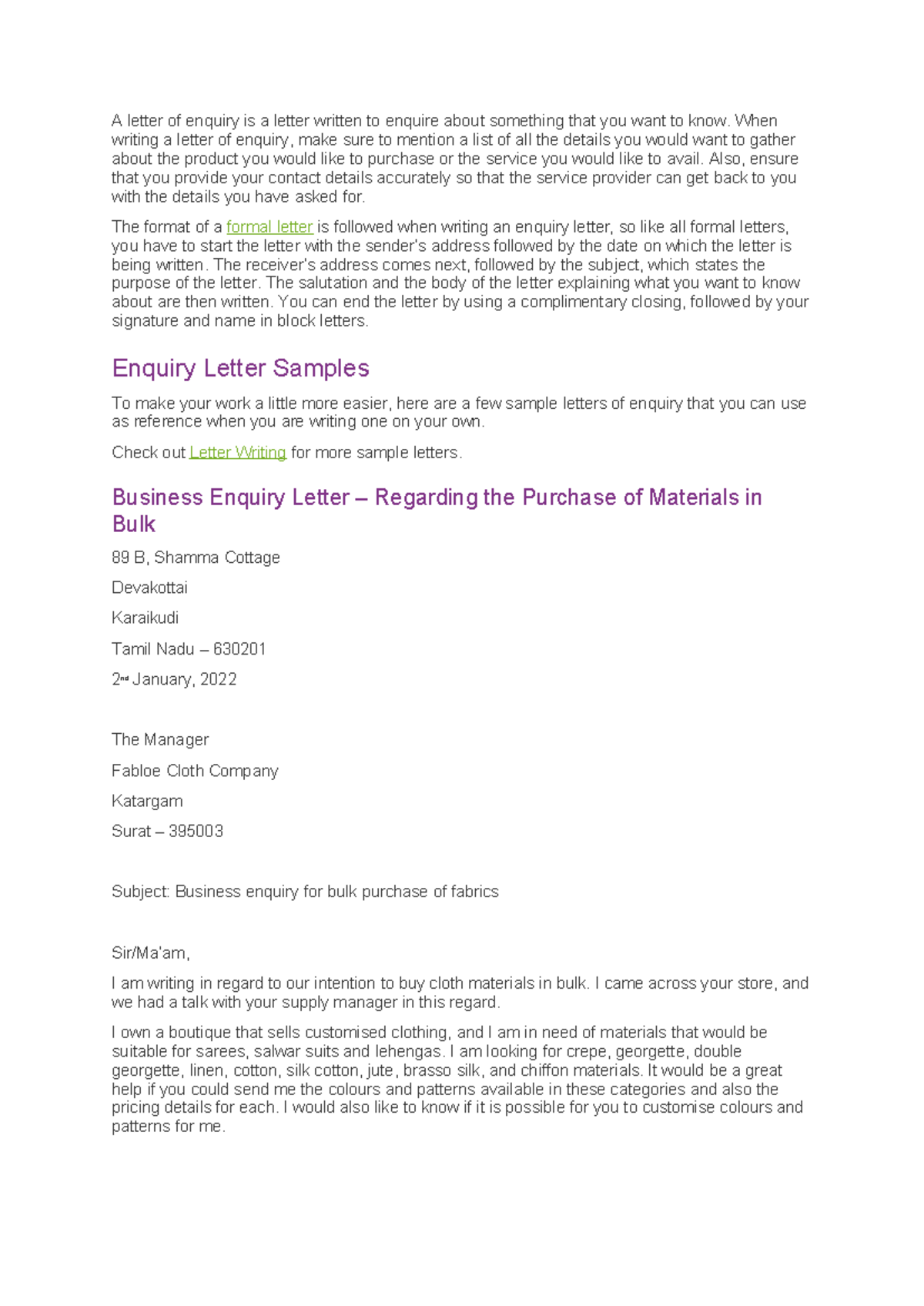 ENQ 101: Writing a Formal Letter of Enquiry with Samples - Studocu