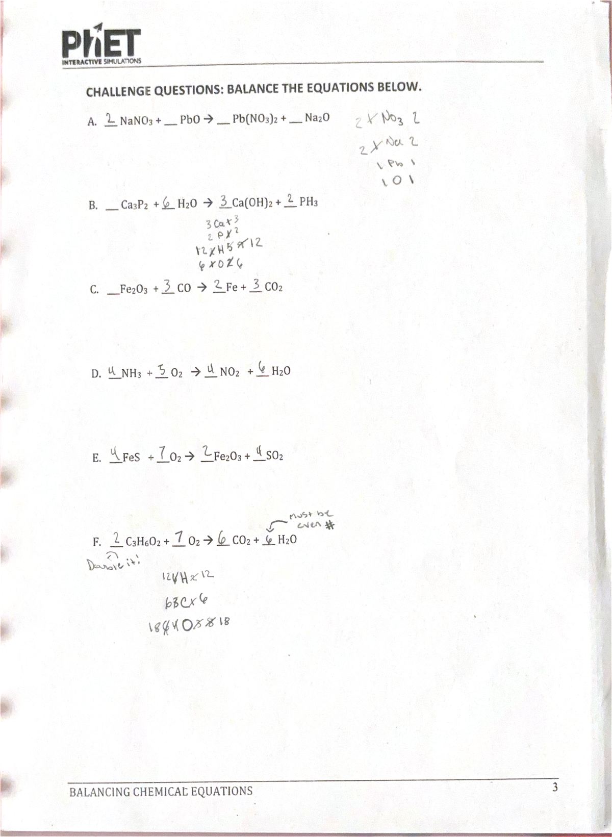 PhET Interactive Simulations Challenge Questions: Balancing Equations ...