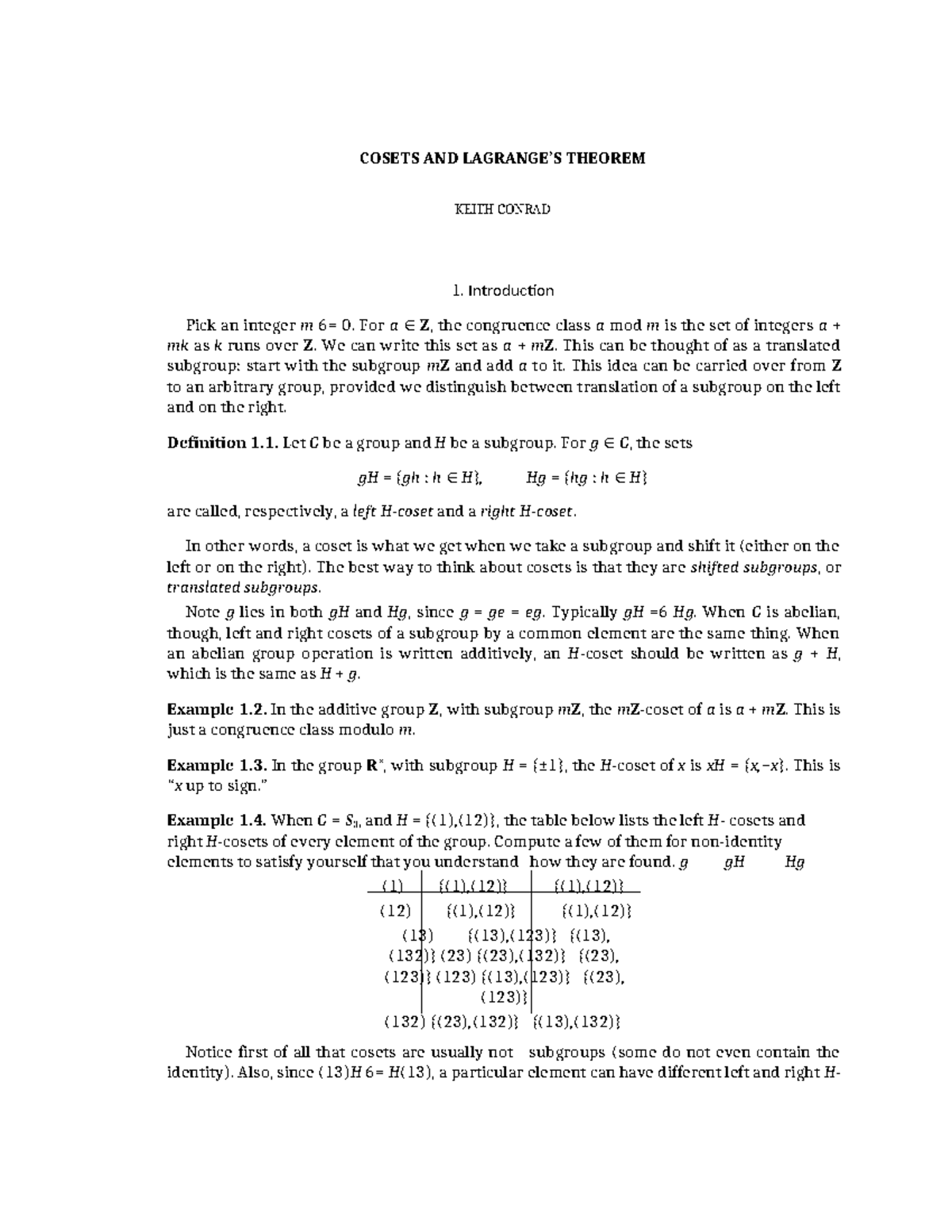 Cosets - Summary notes - COSETS AND LAGRANGE’S THEOREM KEITH CONRAD ...