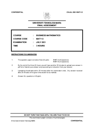 Business in Mathematics - MAT112 - UiTM - Studocu