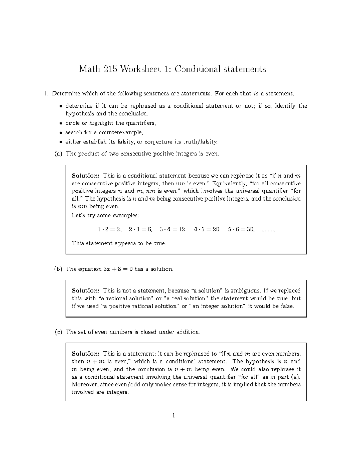 Math 215 Worksheet #1: Analyzing Conditional Statements and Truth ...
