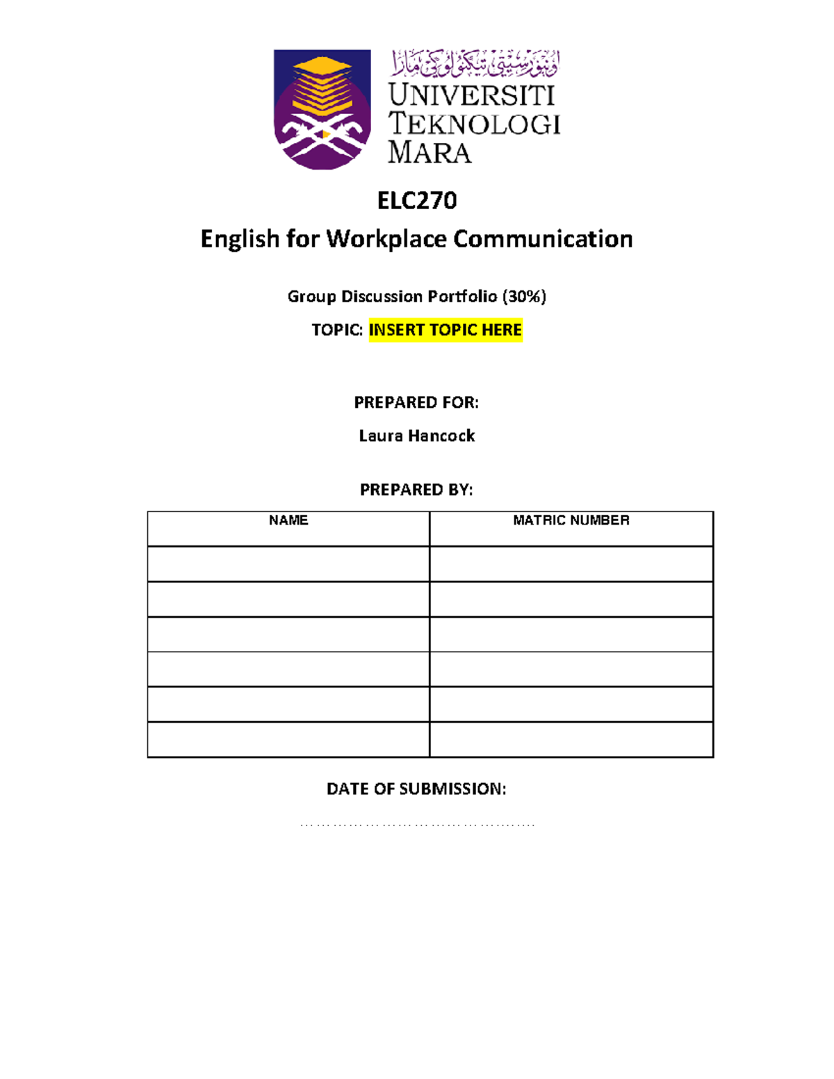 ELC270 Assessment 3 Portfolio Outline - ELC English for Workplace ...