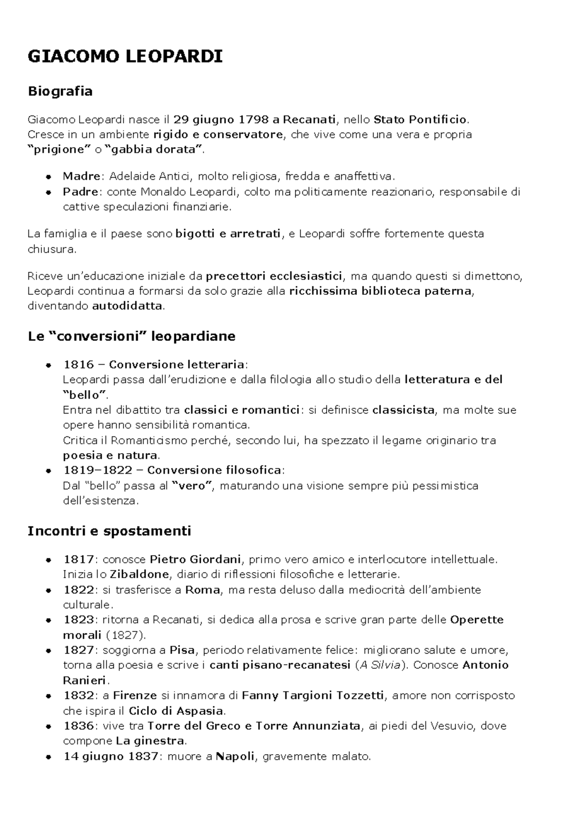 GIACOMO LEOPARDI: Biografia e Pessimismo - Schema di Studio - Studocu