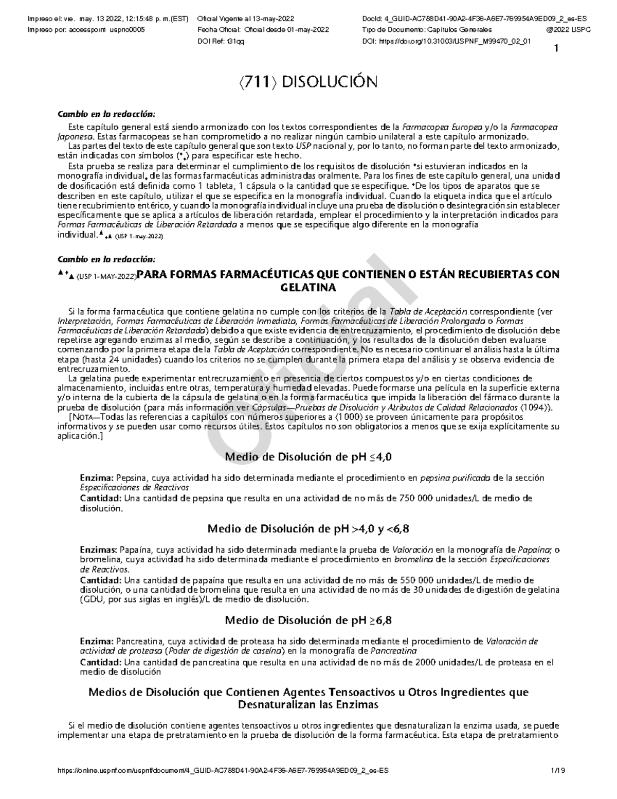 Capítulo 711 USP: Normas de Prueba de Disolución Farmacéutica - Studocu