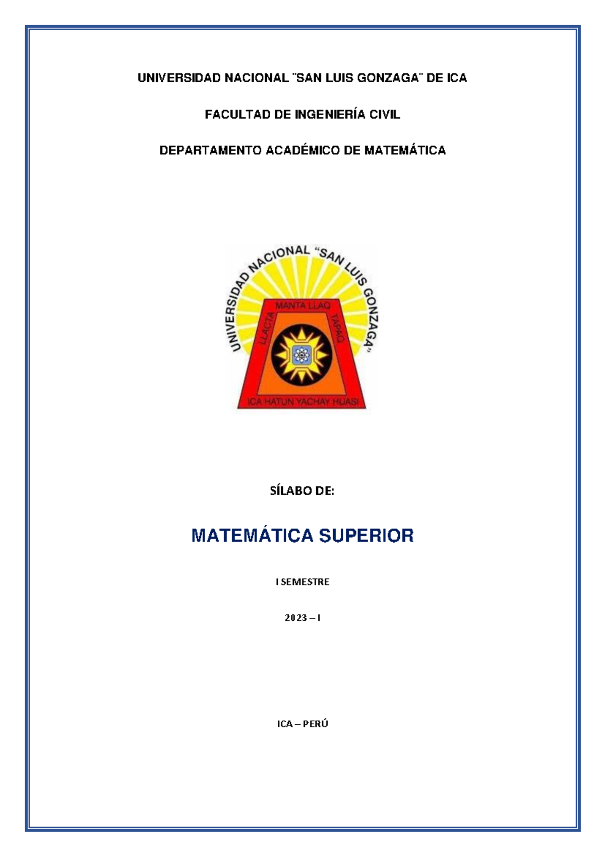 Sílabo de Matemática Superior I (1P27015) - Semestre 2023 I - Studocu