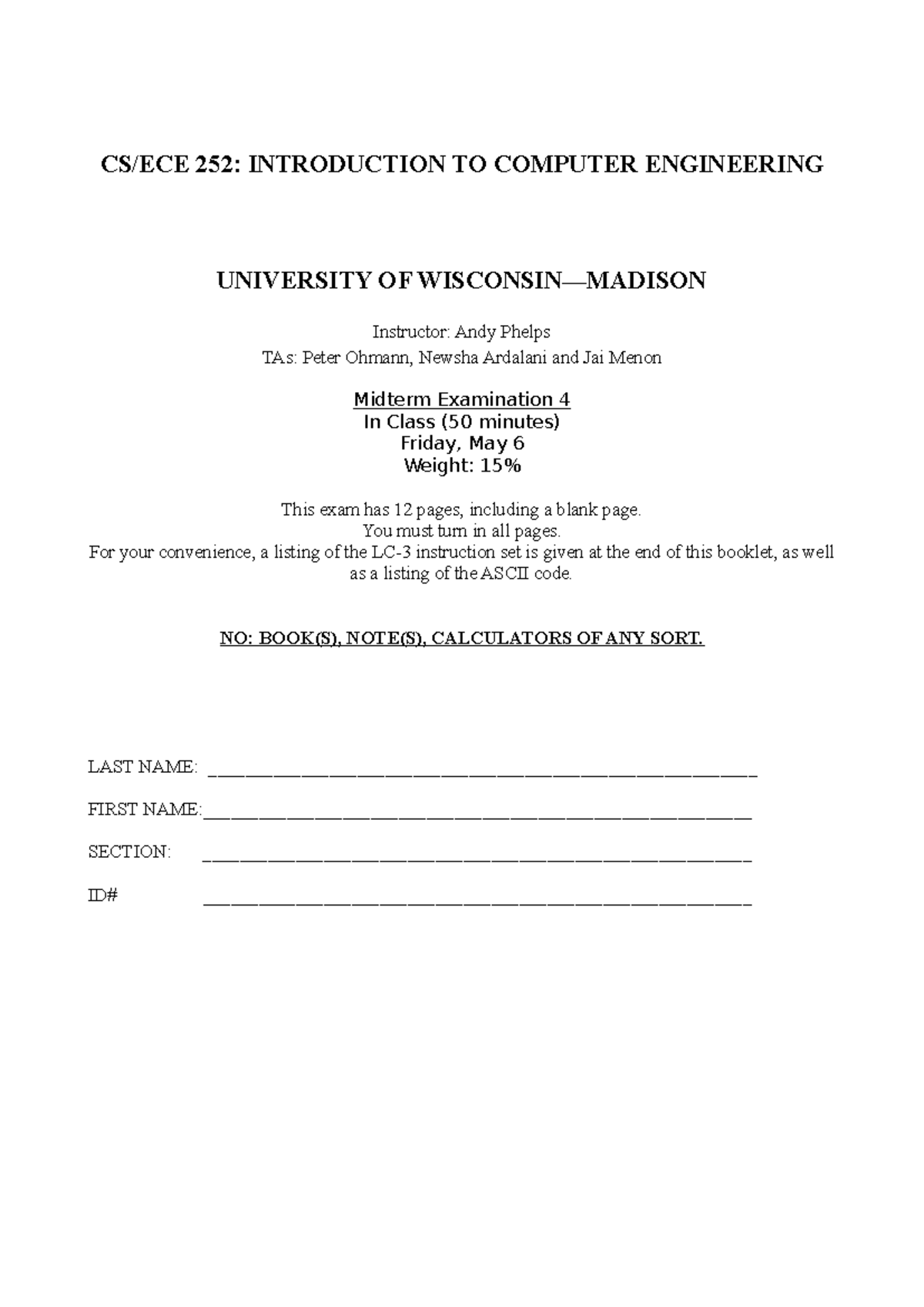 252: INTRODUCTION TO COMPUTER ENGINEERING Midterm Exam 4 Practice - Studocu