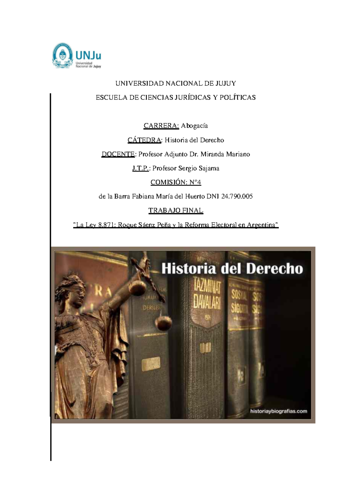 Trabajo Final: Ley 8.871 y la Reforma Electoral en Argentina - Studocu