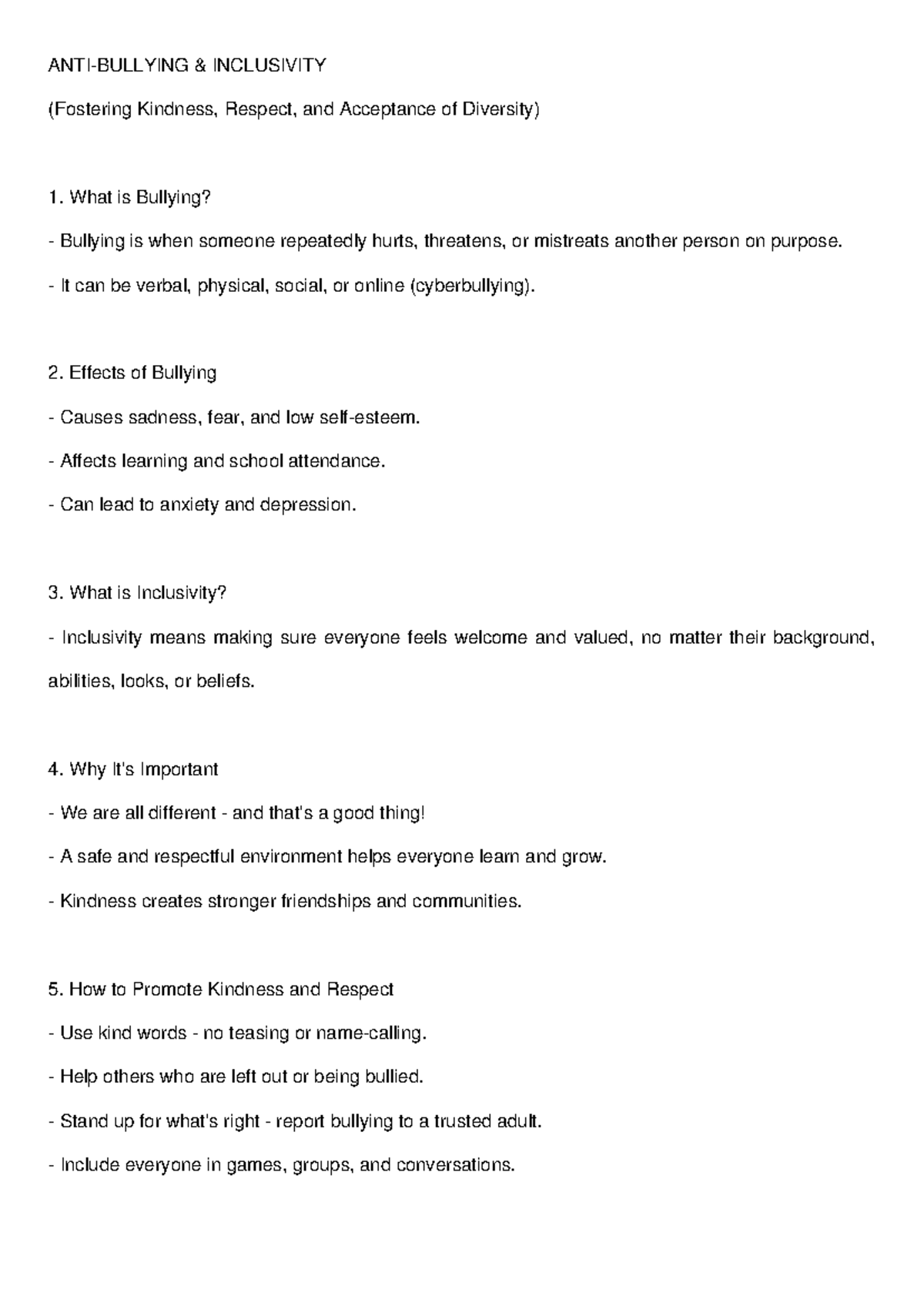 Anti-Bullying and Inclusivity Notes: Fostering Kindness and Respect ...