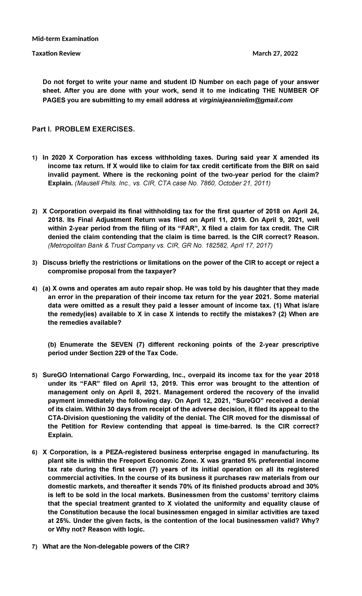 UE TSU- Midterm-EXAM-3 27 22- Taxrev - Mid-term Examination Taxation ...