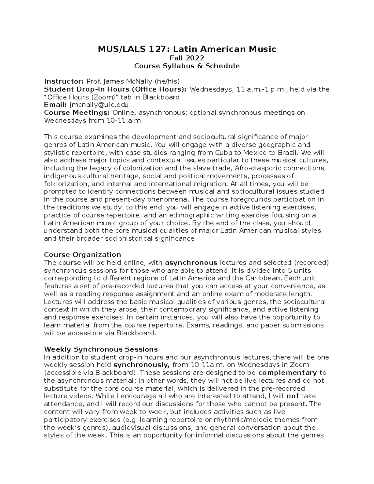 MUS/LALS 127 Latin American Music Syllabus & Schedule - Fall 2022 - Studocu