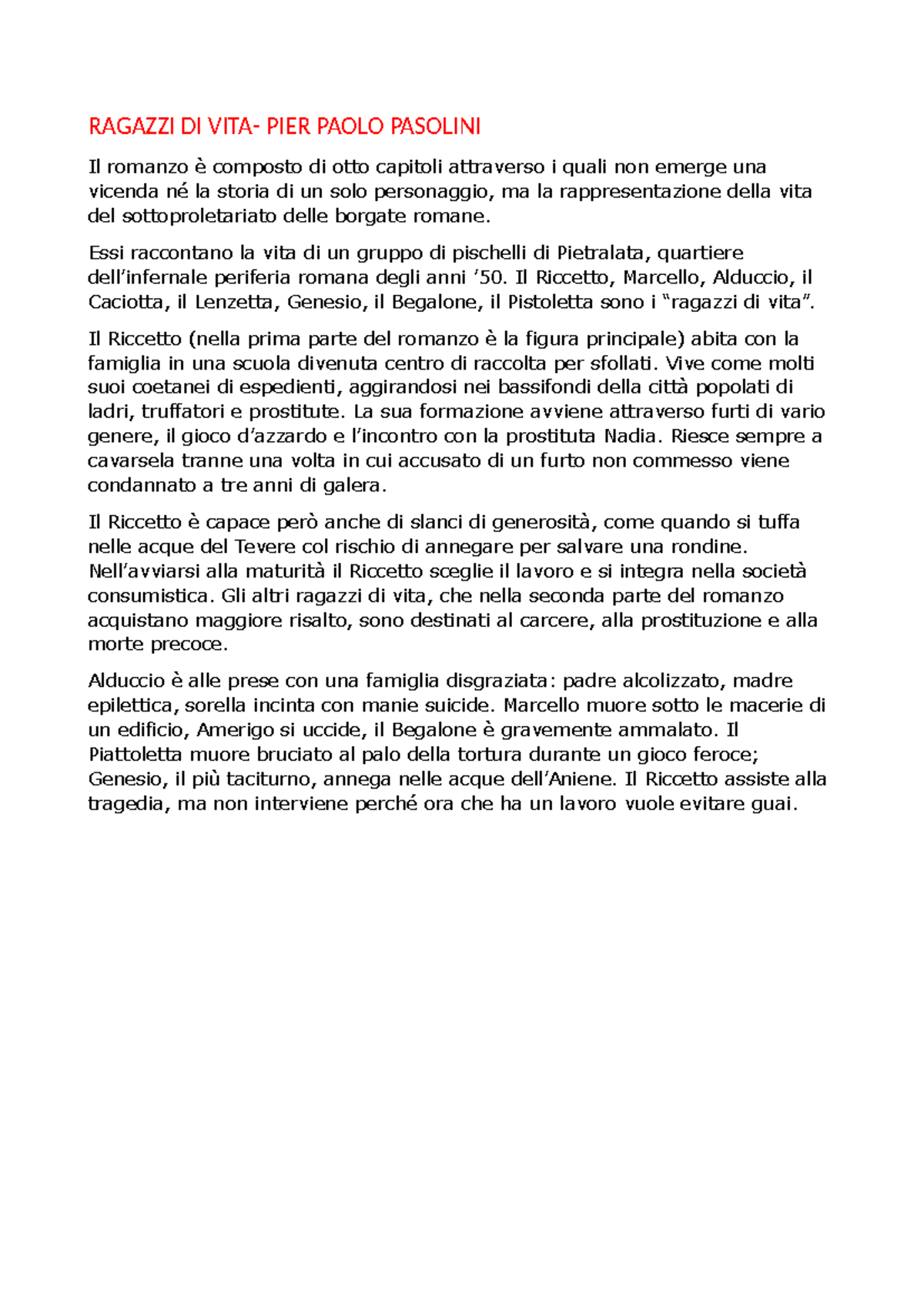 Pasolini - Ragazzi di Vita: Analisi del Sottoproletariato Romana - Studocu