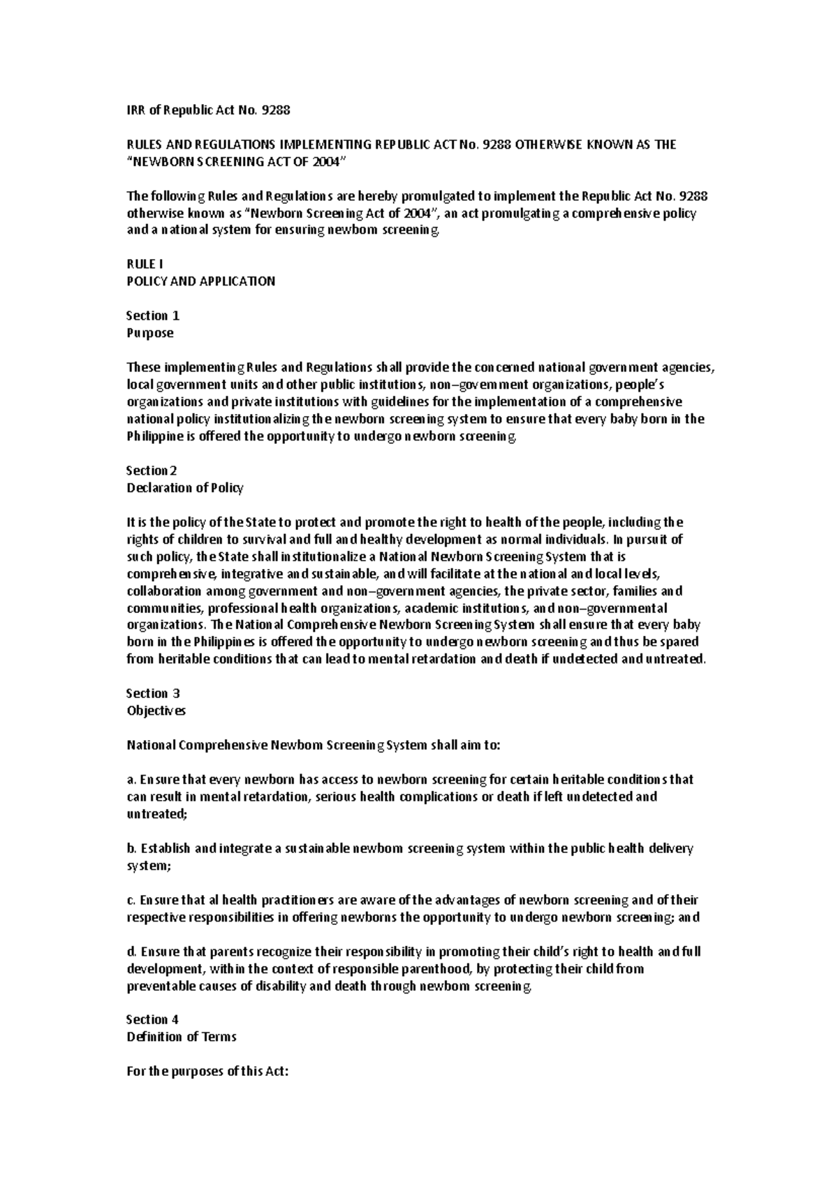 IRR for Republic Act No. 9288: Newborn Screening Act Implementation ...