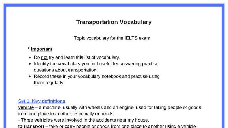 IELTS Exam Transportation Vocabulary List for Practice - Studocu