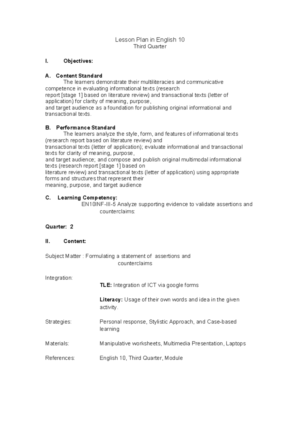 EN10 Lesson Plan: Final Activities for Analyzing Assertions & Evidence ...