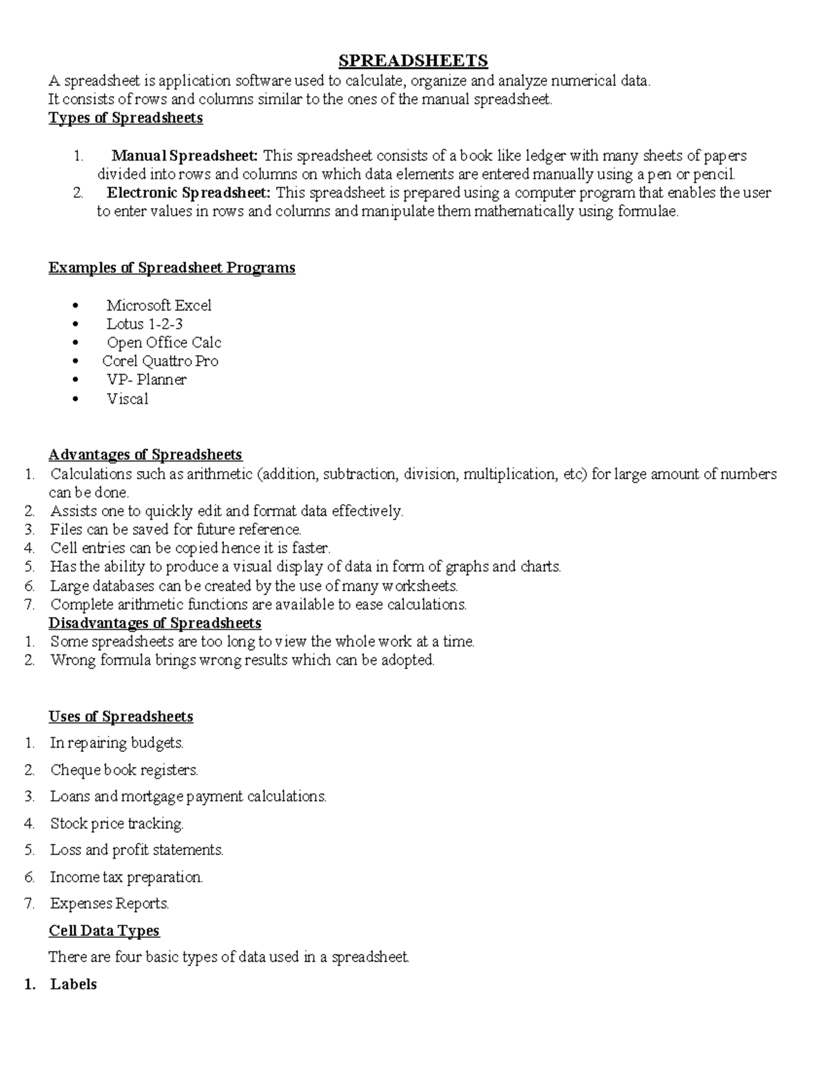 SPREADSHEETS: Understanding Types, Functions, and Uses in Excel - Studocu
