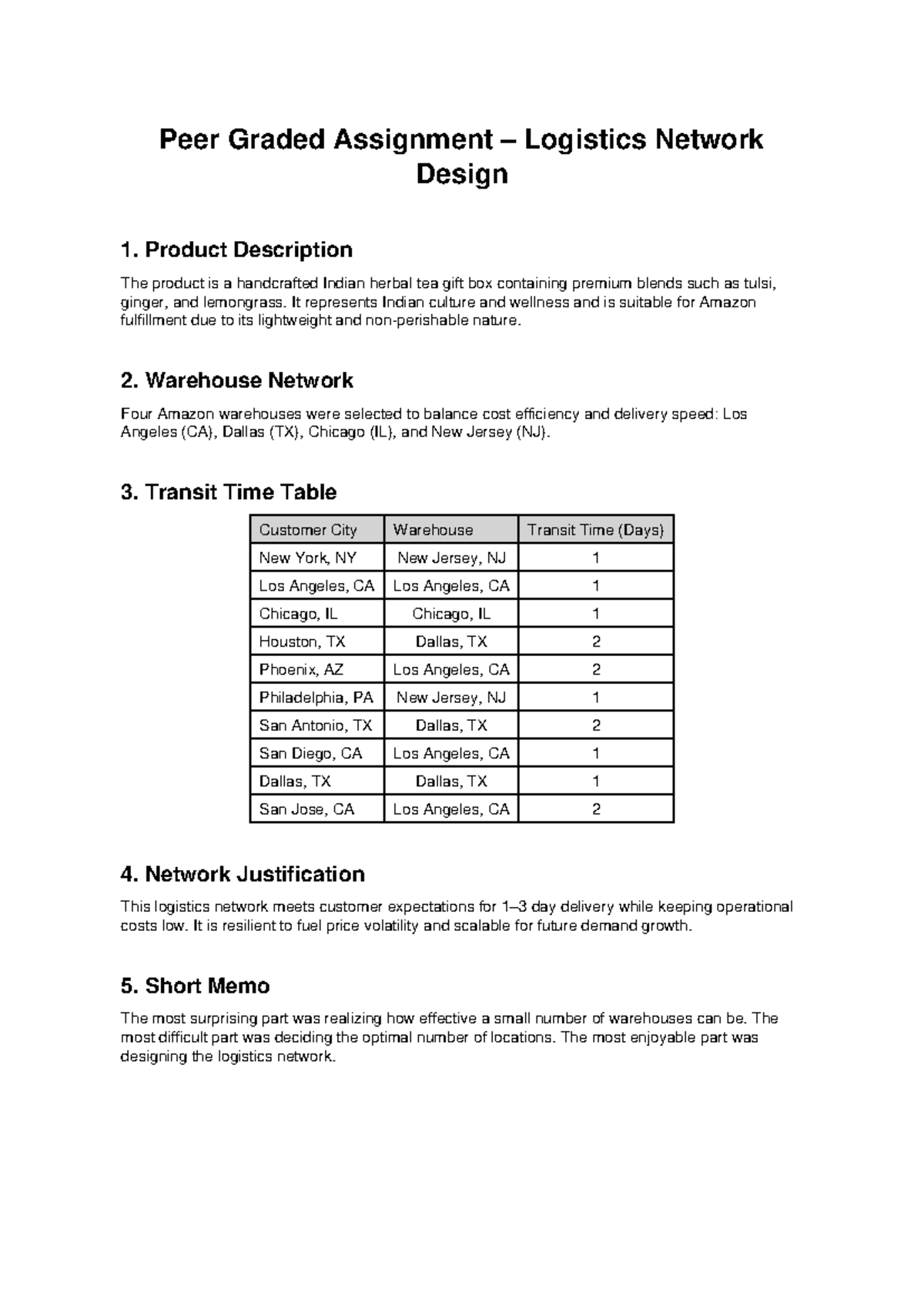 Logistics Network Design Assignment: Peer Graded Analysis - Studocu