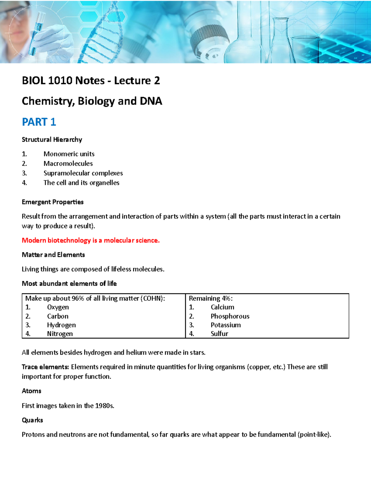 BIOL 1010 Lecture 03 Notes: Chemistry, Biology, and DNA Structure - Studocu