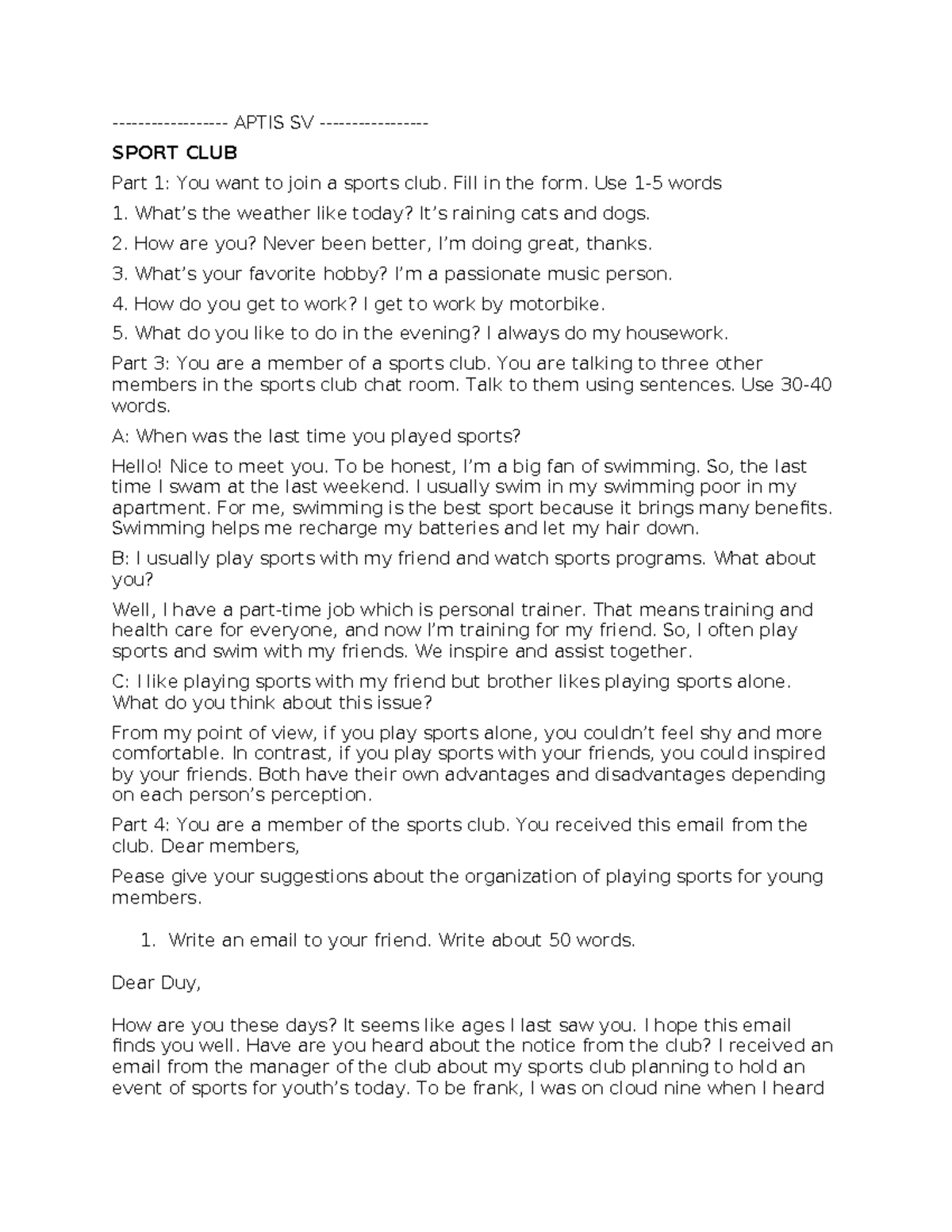 APTIS SV CLUB: Sample Writing on Sports Club Activities - Studocu