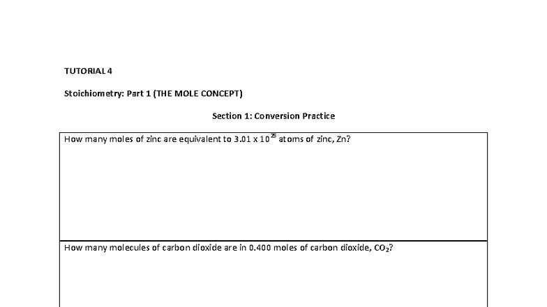Tutorial 4 Stoichiometry: Mole Concept & Conversion Practice - Studocu