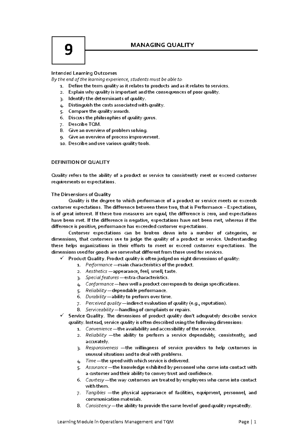 Managing Quality in Operations Management: Chapter 9 Overview - Studocu