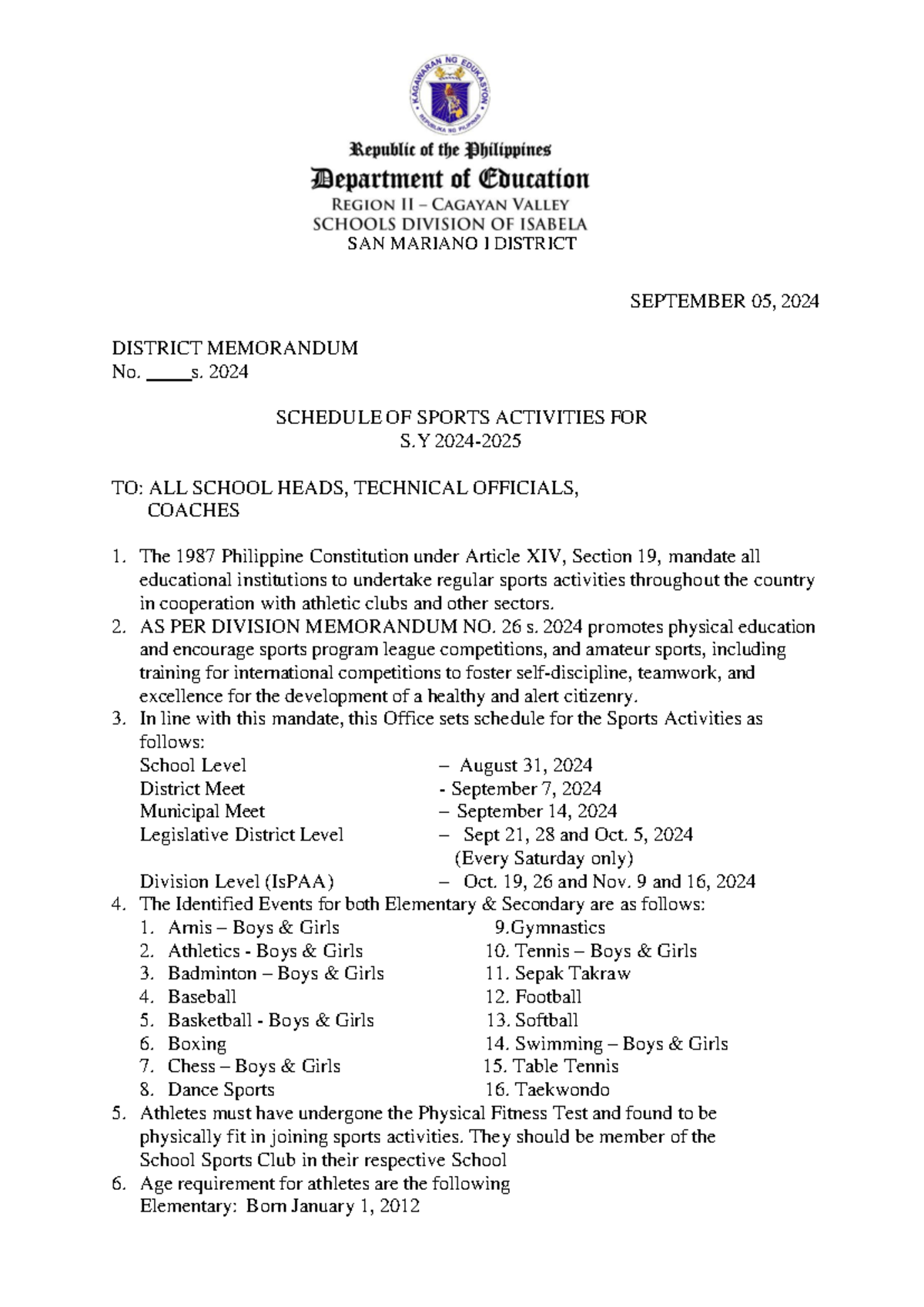 District Meet Memo 2024-2025: Schedule & Guidelines for Sports Events ...