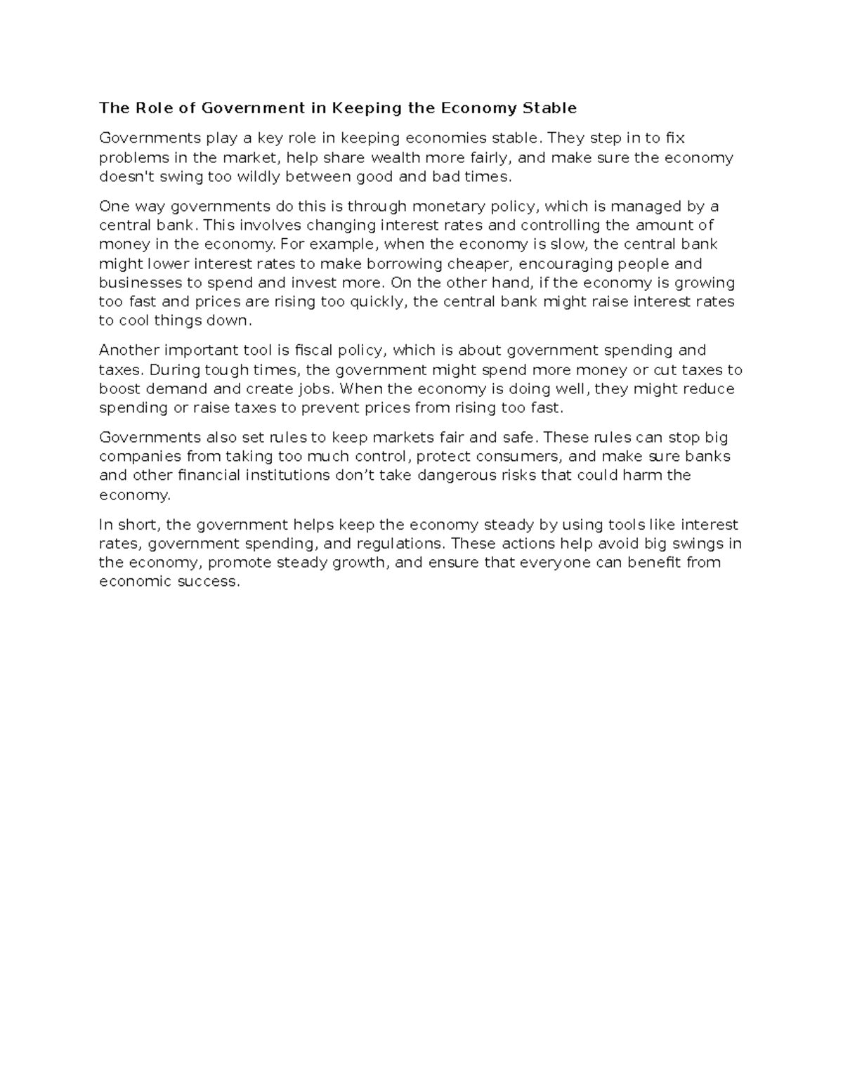 The Role of Government in Keeping the Economy Stable - The Role of ...