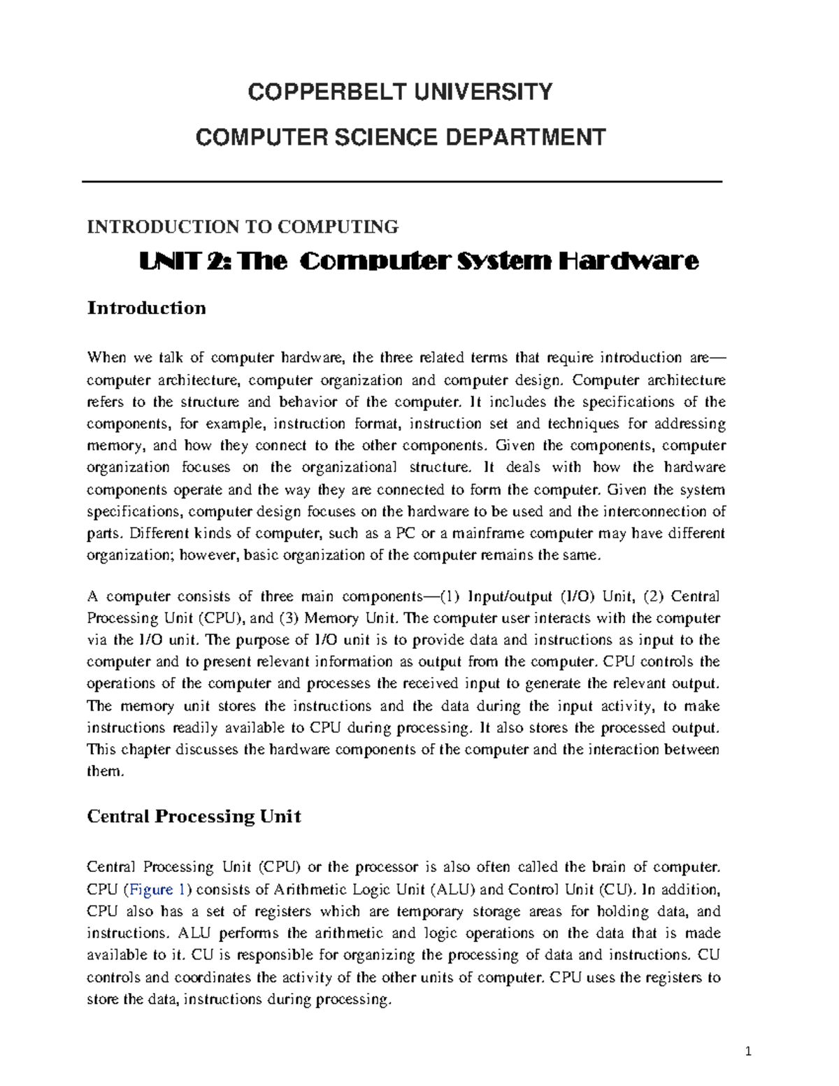 UNIT 2: Computer System Hardware Overview - COPPERBELT UNIVERSITY - Studocu
