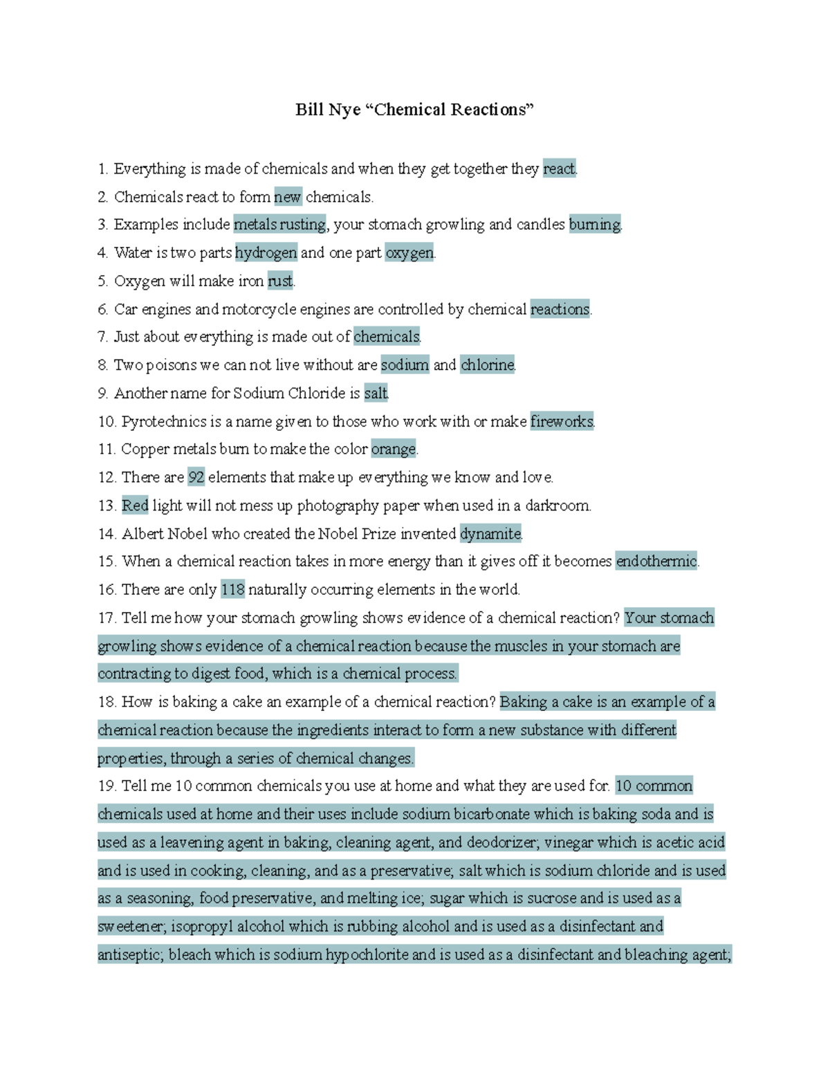 Chemical Reactions Worksheet: Understanding Everyday Chemistry - Studocu
