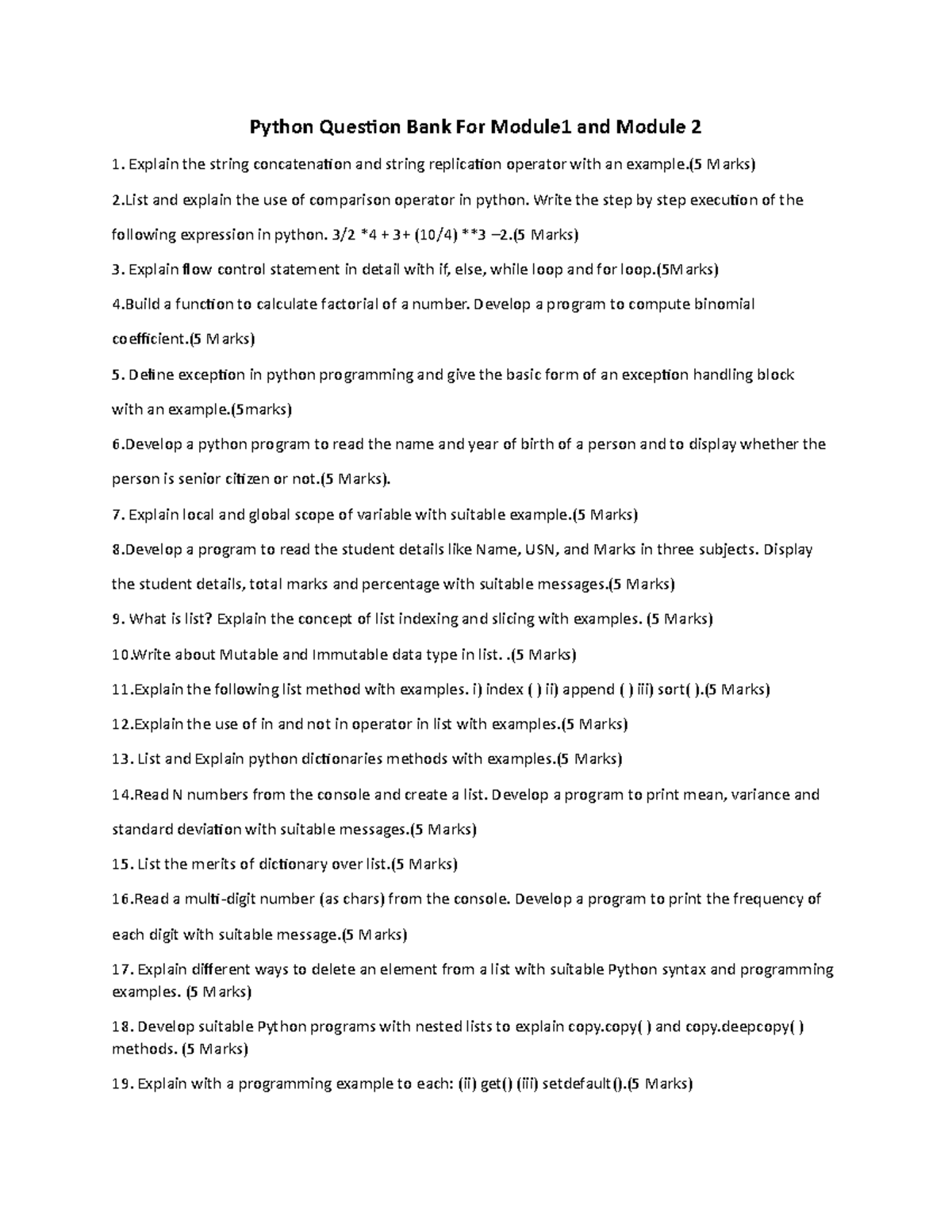 Python Question Bank: Concepts & Exercises for Module 1 & 2 - Studocu