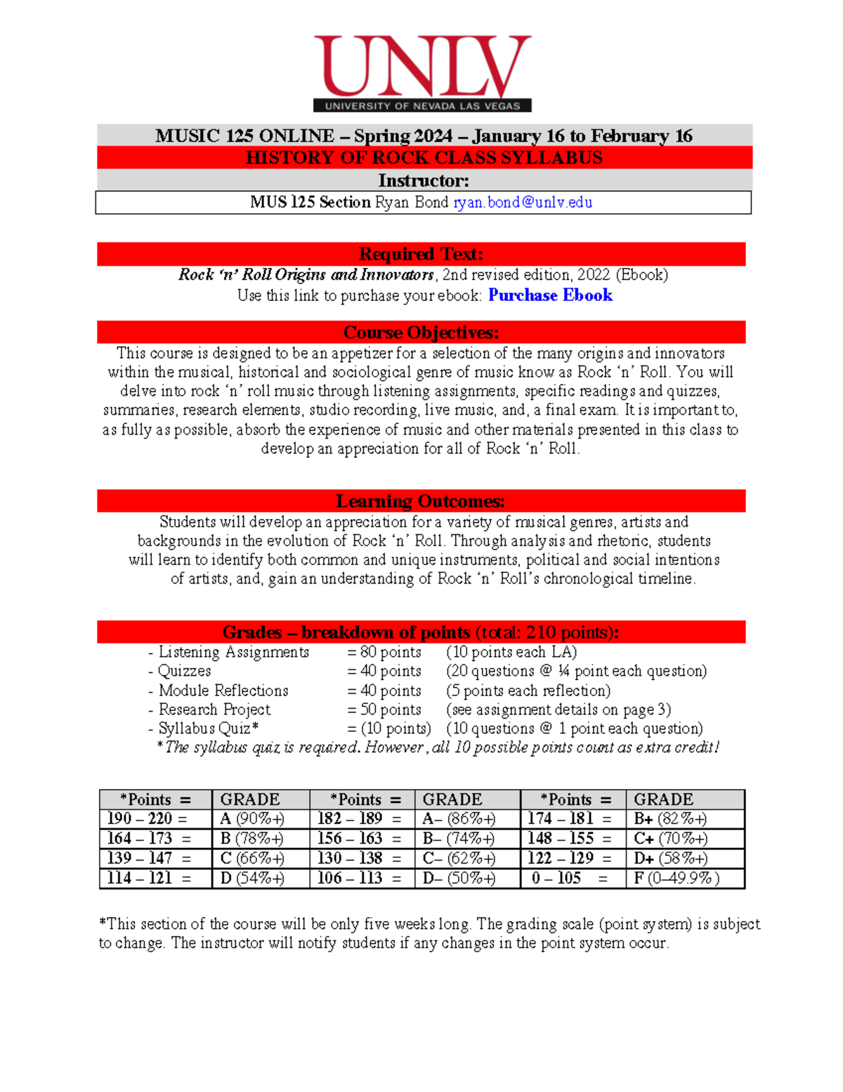 MUS 125 Syllabus: Rock 'n' Roll History - Spring 2024 - Studocu