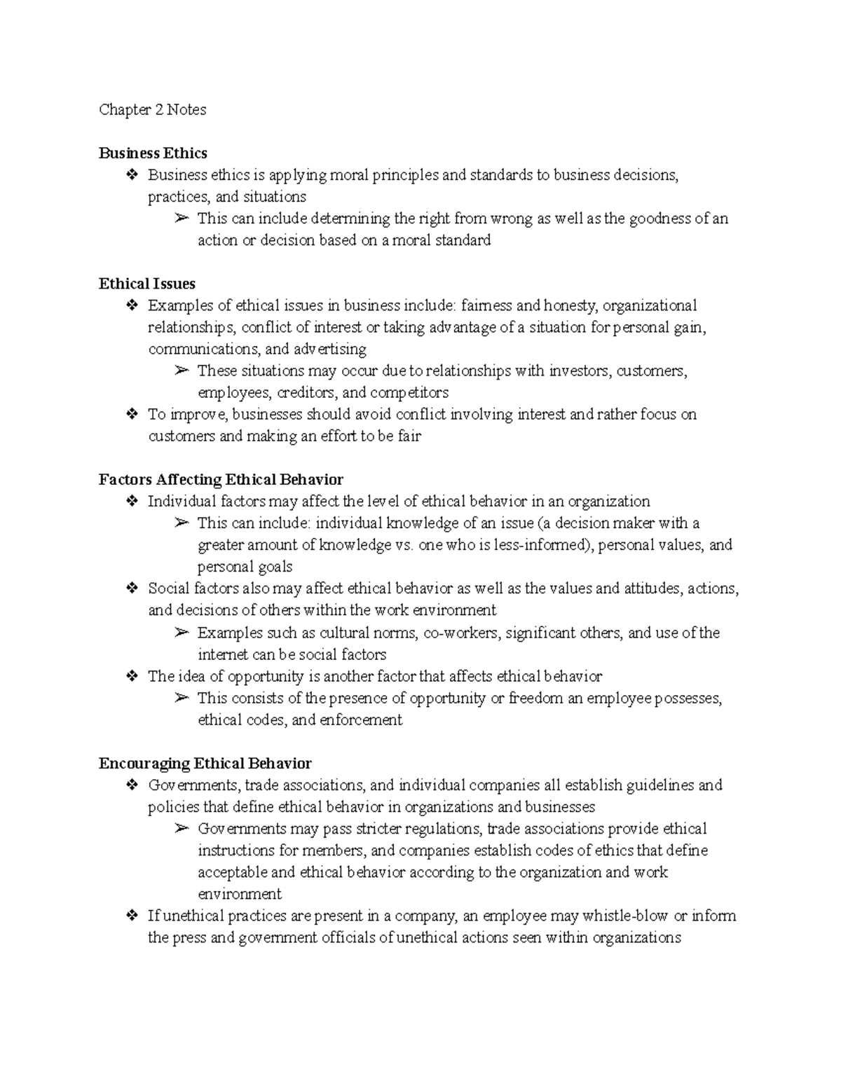 Chapter 2 Notes - Chapter 2 Notes Business Ethics Business ethics is ...