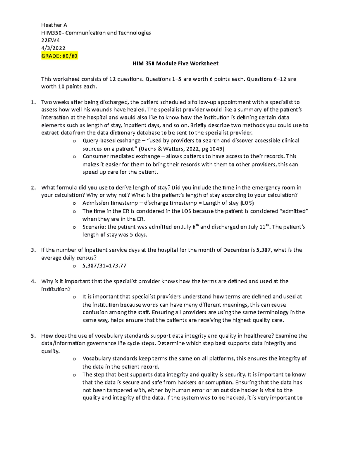HIM 350 Module 5 Data Analysis and Calculation Worksheet - Studocu