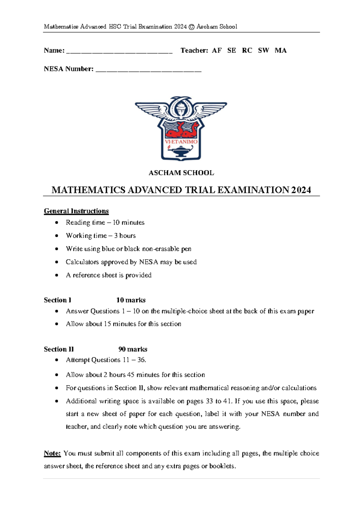 Mathematics Advanced HSC Trial Exam 2024 - Ascham School Questions ...