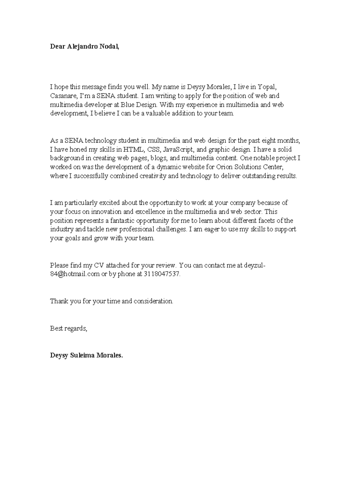 Documento escrito correo ingles - Dear Alejandro Nodal, I hope this ...