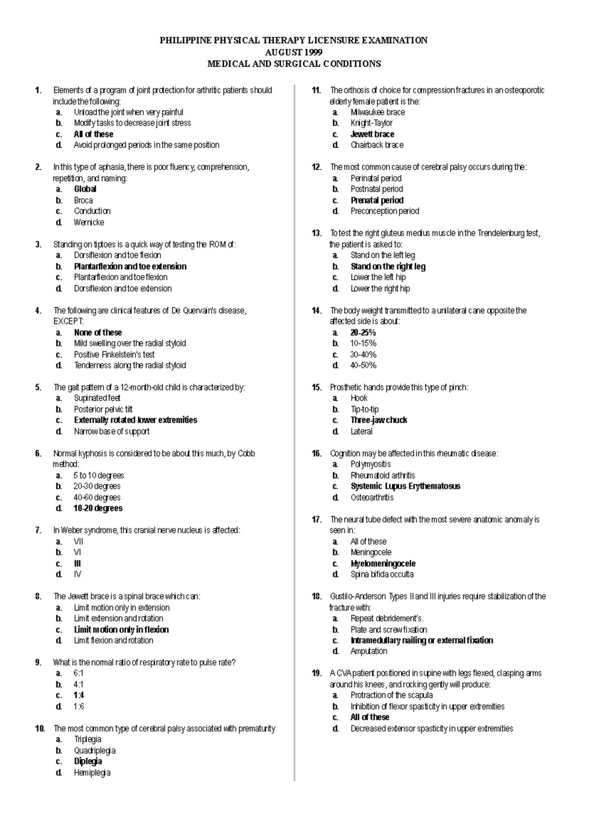 PHILIPPINE PHYSICAL THERAPY LICENSURE EXAMINATION AUGUST 1999 REVIEW ...