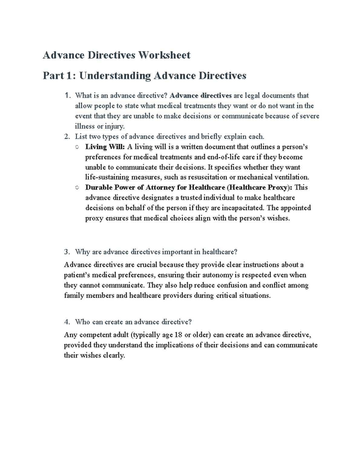 Advance Directives Worksheet - List two types of advance directives and ...