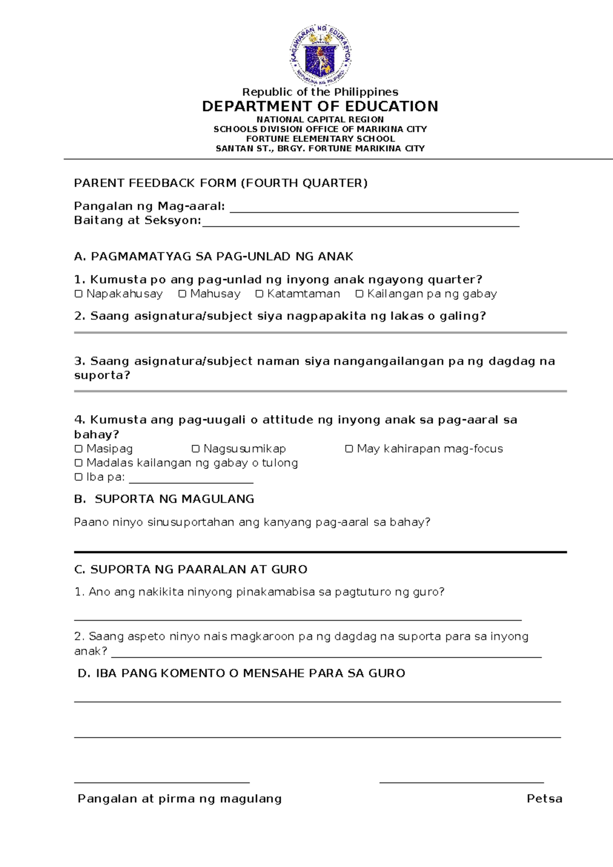 Parent Feedback Form (Fourth Quarter) - Fortune Elementary School - Studocu