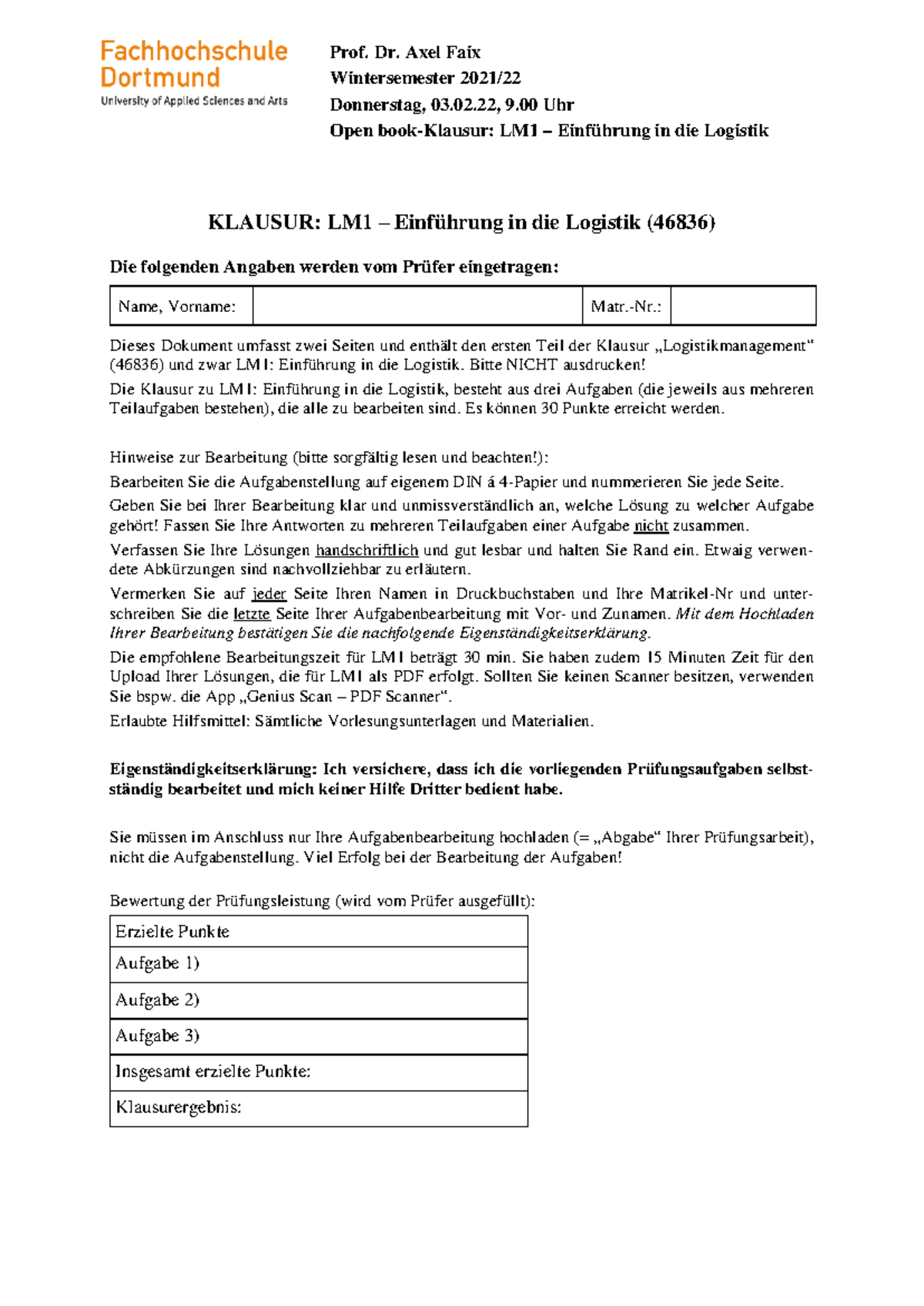 Altklausur LM 1 Einfuehrung Logistik - Prof. Dr. Axel Faix ...