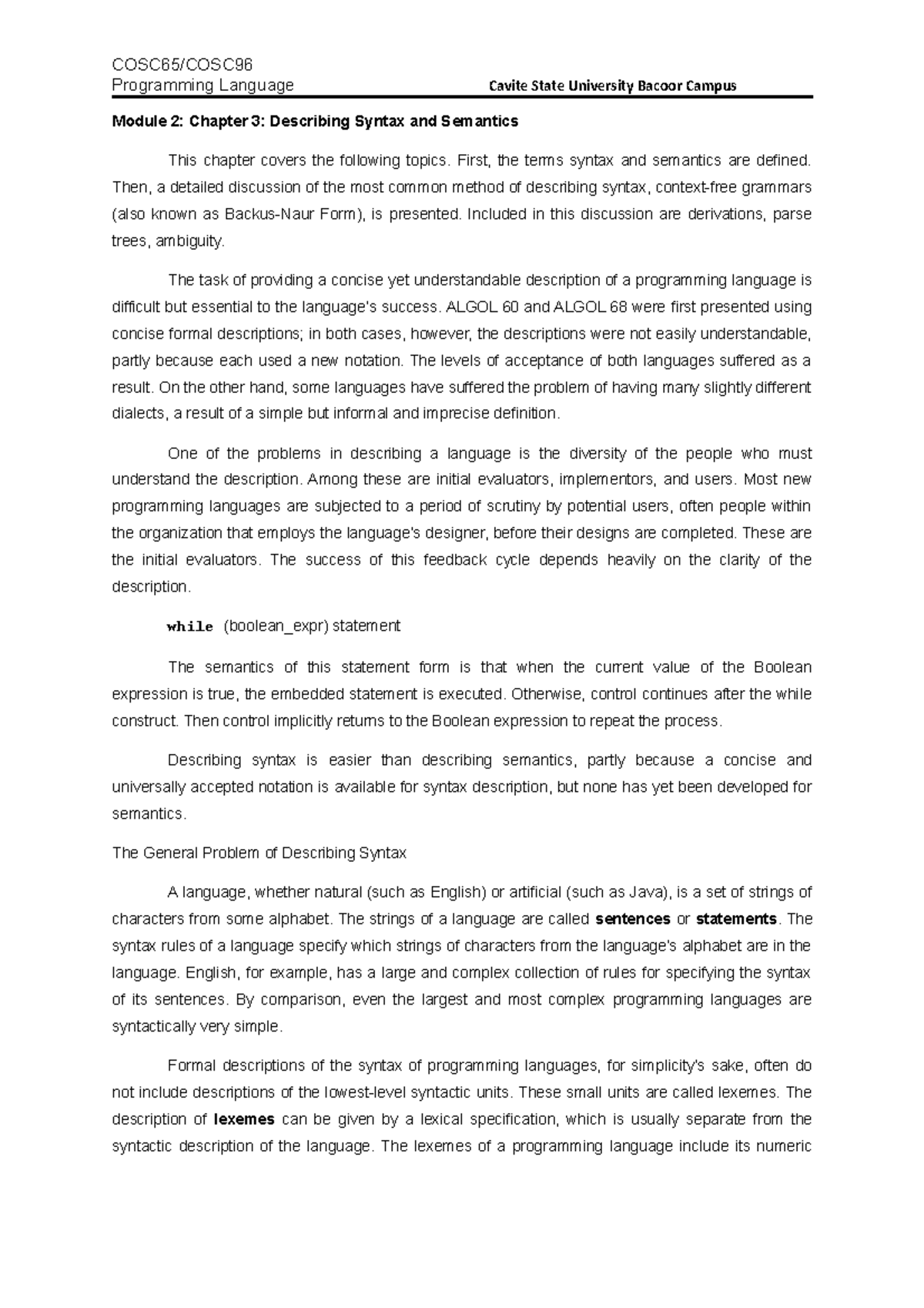 Programming Language - Describing Syntax and Semantics - BS in Computer Science - Studocu