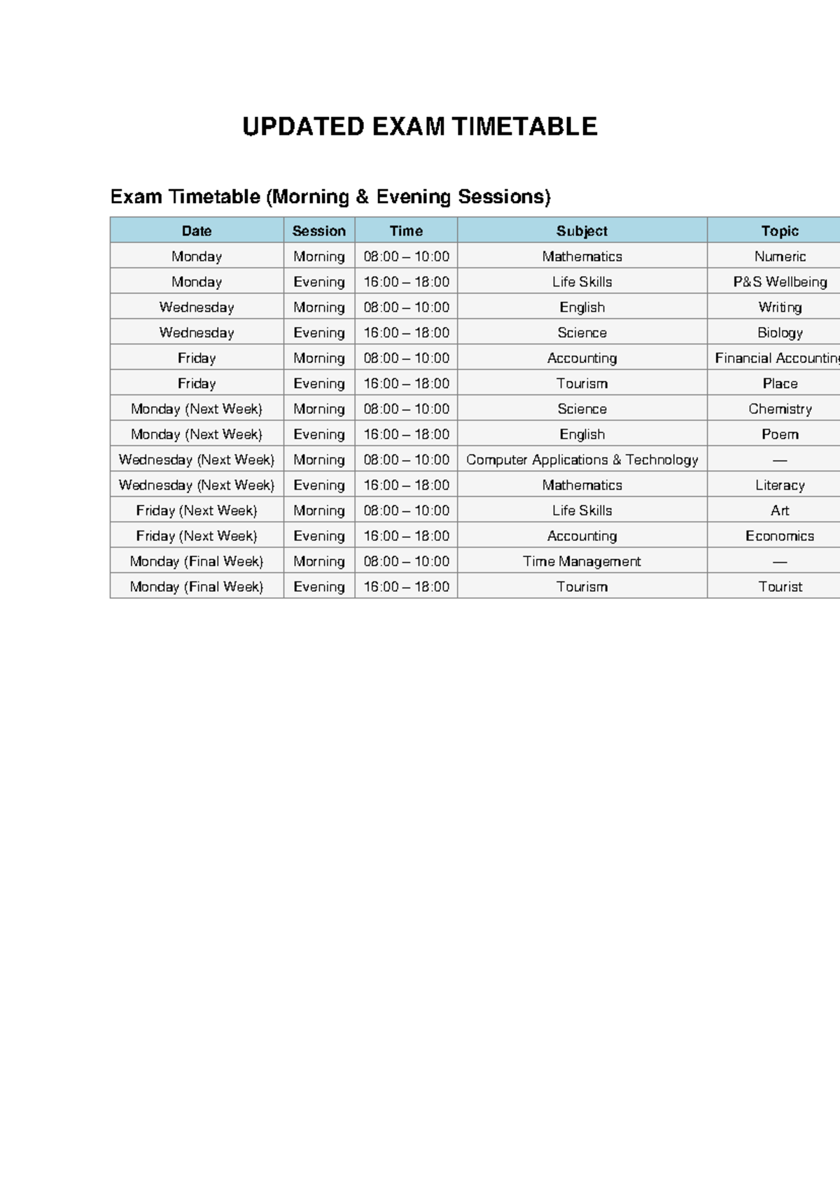 UPDATED EXAM TIMETABLE: Morning & Evening Sessions - Studocu
