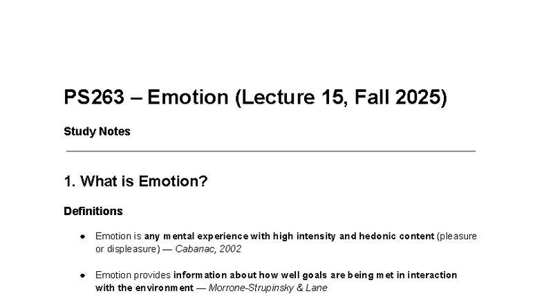 PS263 Emotion (Lecture 15, Fall 2025) Comprehensive Study Notes - Studocu