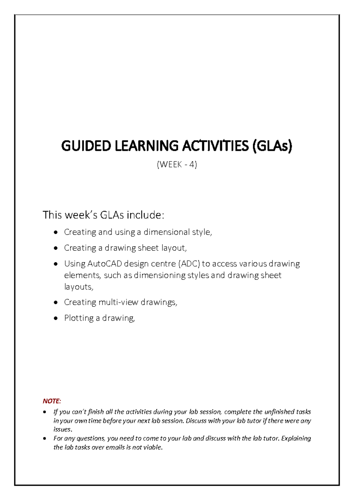 MCEN2006 Guided Learning Activities (GLAs) - Week 4: AutoCAD Drawing ...