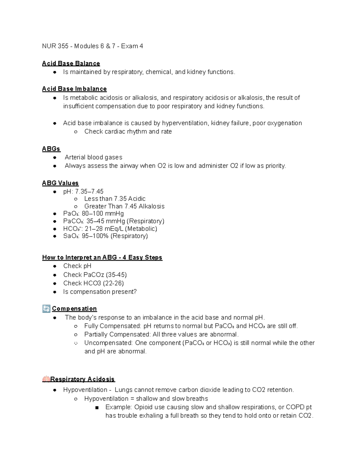 NUR 355 Med Surg Exam #4 Review: Acid-Base Balance & Electrolytes - Studocu