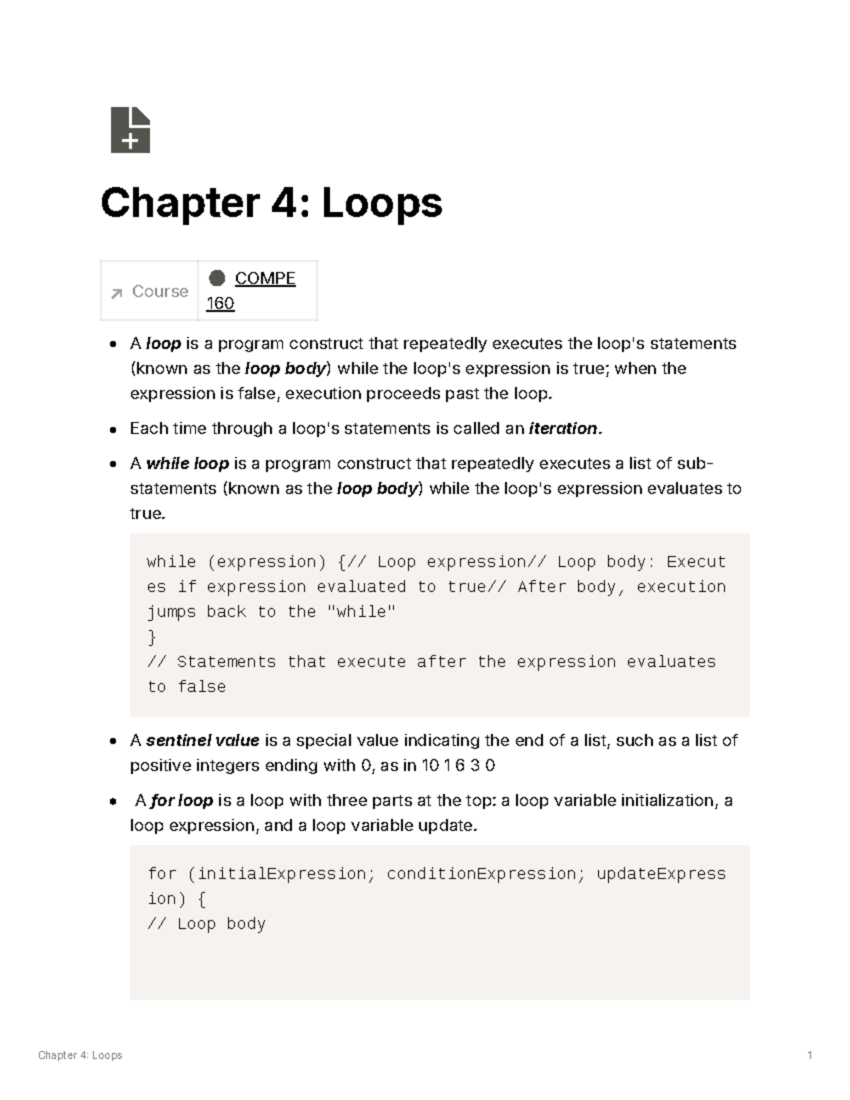 COMPE 160: Chapter 4 - Loops and Program Constructs - Chapter 4: Loops Course COMPE 160 A loop ...
