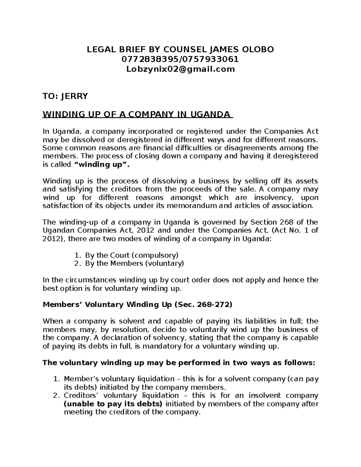 LEGAL BRIEF: Winding Up of a Company in Uganda (Counsel James Olobo ...