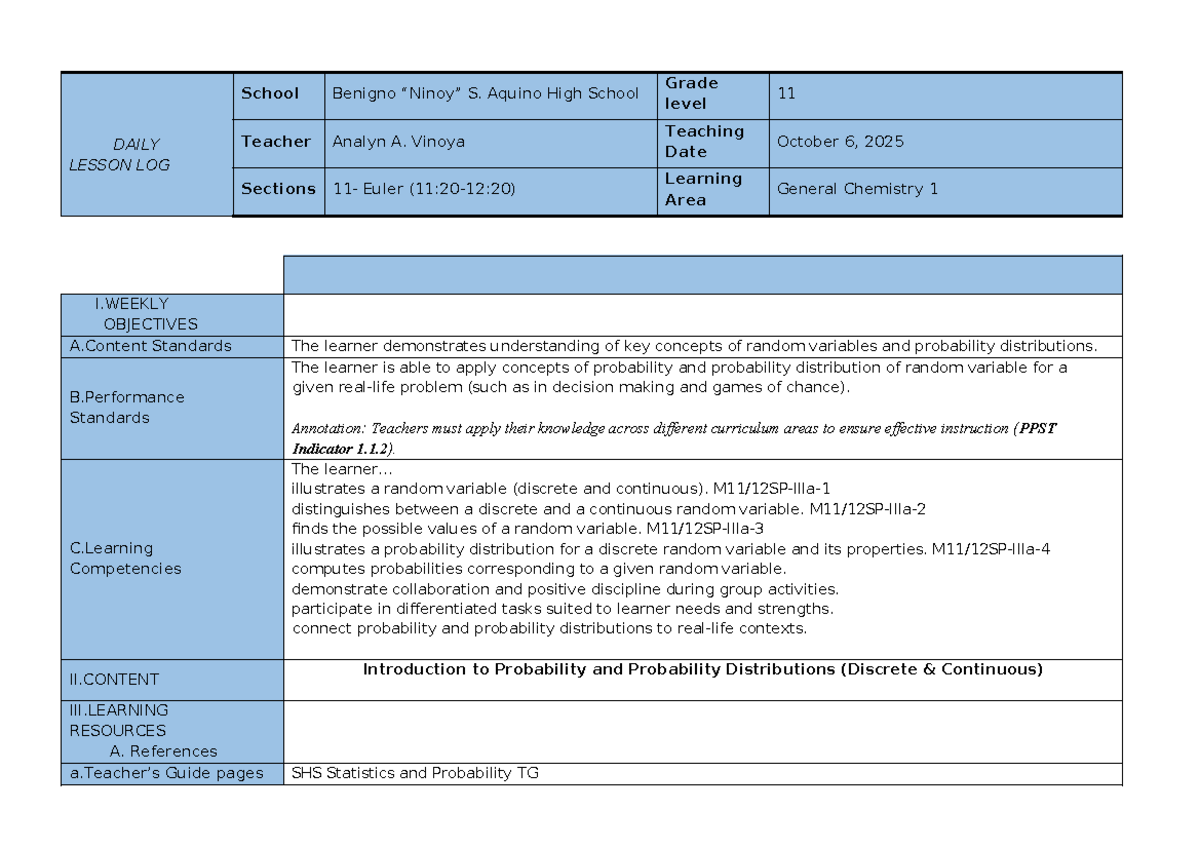 DEMO DLL - Lesson Plan on Quantum Numbers for General Chemistry 1 - Studocu