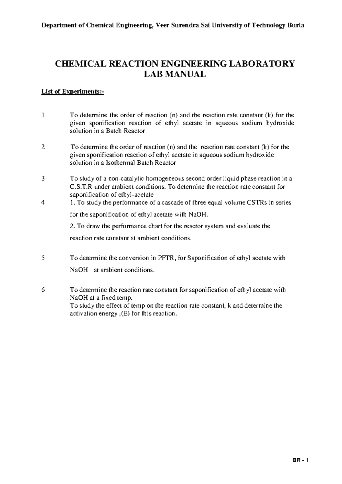 Chemical Reaction Engineering (CRN 302): Lab Manual for Saponification ...