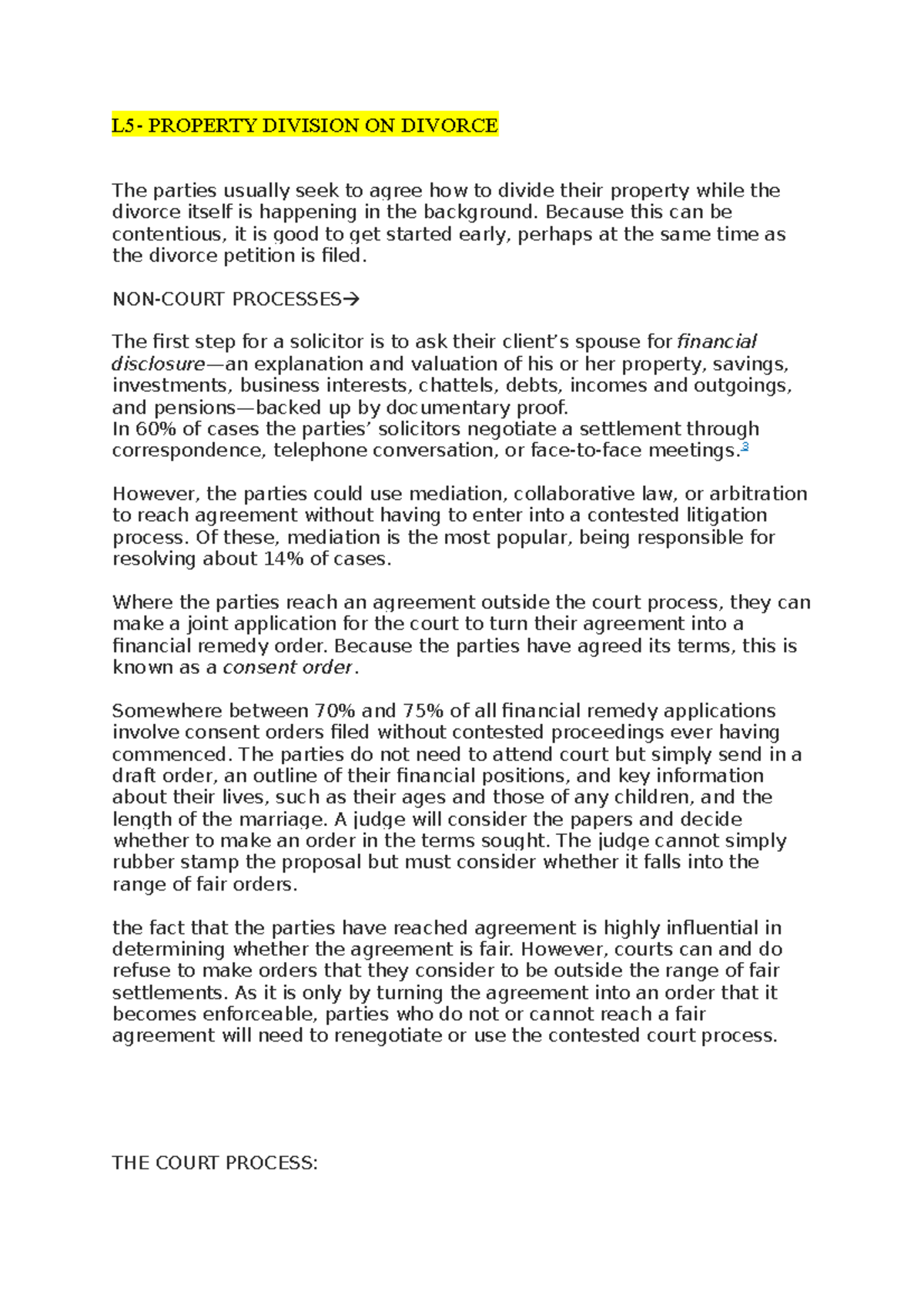 Property Division Divorce notes - L5- PROPERTY DIVISION ON DIVORCE The ...
