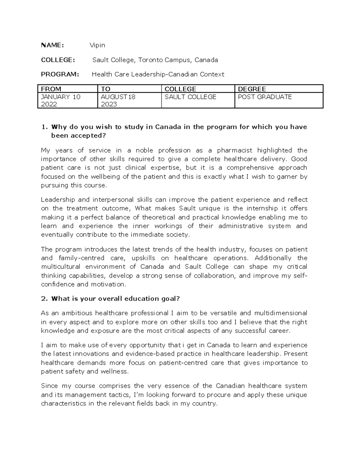 SOP Template for Health Care Leadership Program - Sault College - Studocu